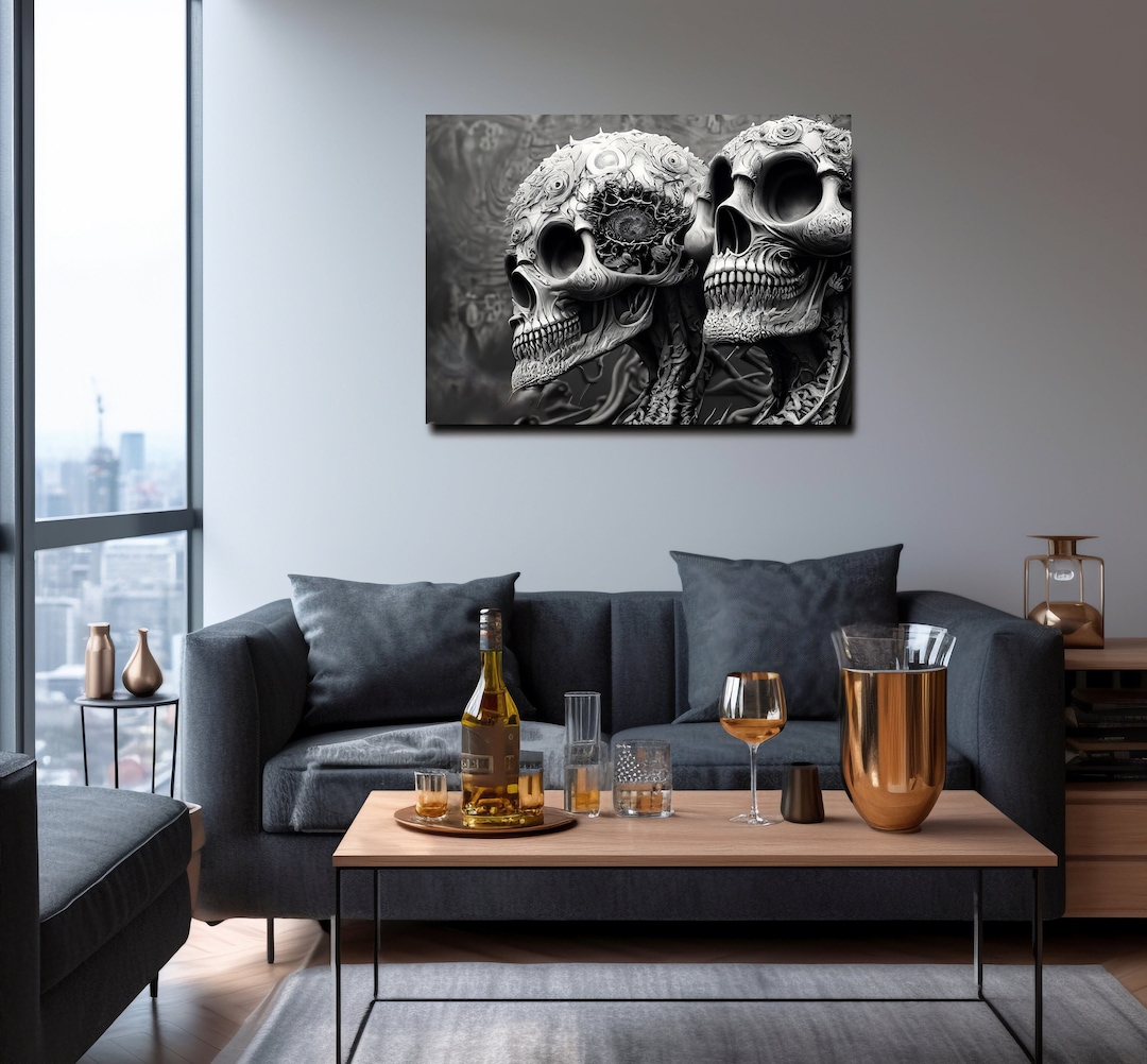 Black and White Skulls Canvas Art Print, Monochrome Macabre Wall Decor ...