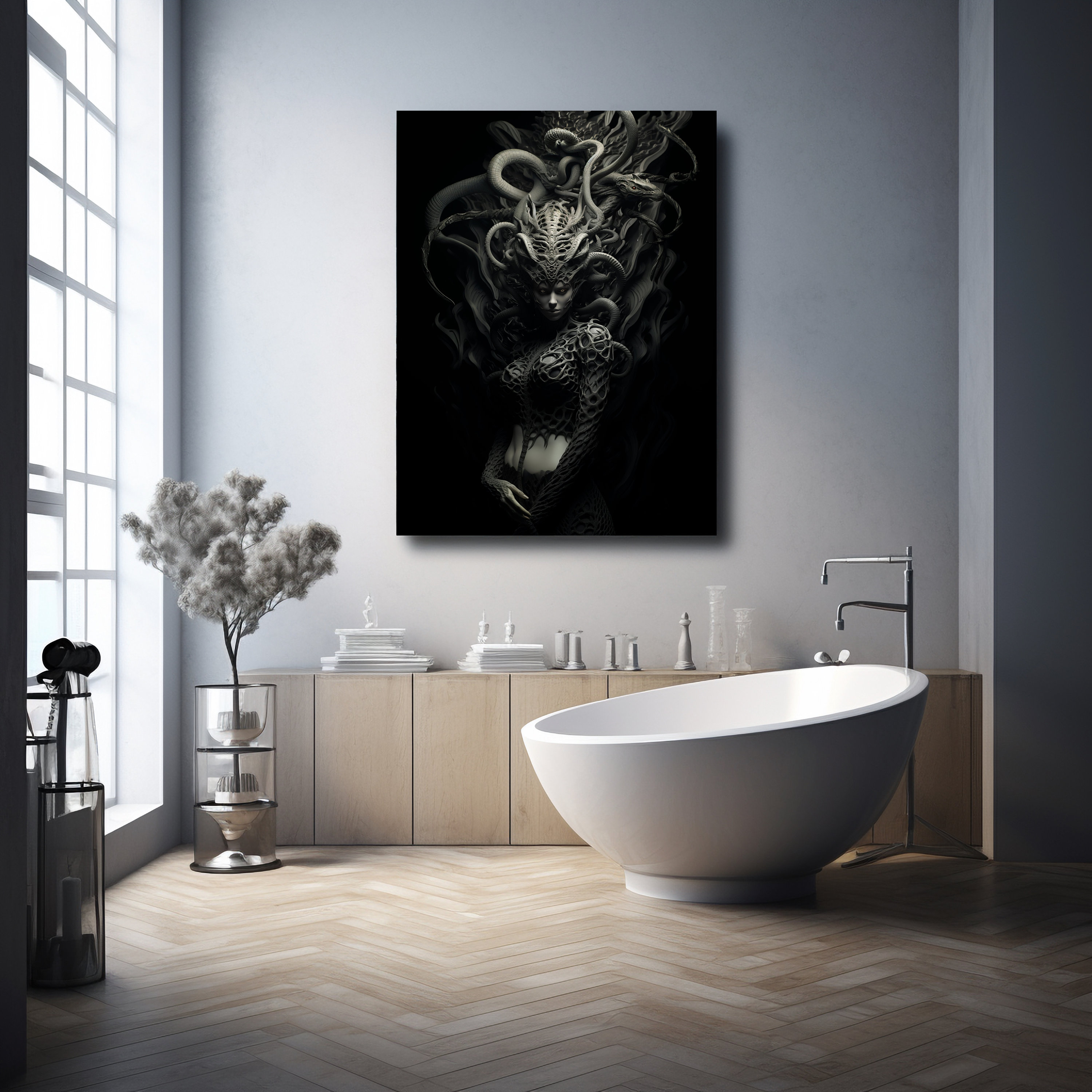 Medusa Dark Enigma Canvas Art Print, Haunting Artwork, Obsidian Gaze ...