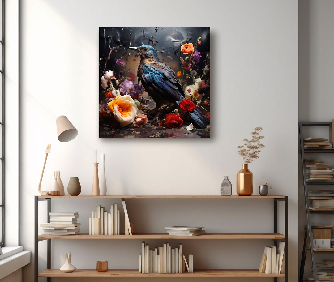 Avian Serenity Amid Blooming Flowers Canvas Art Print, Bird in Floral ...