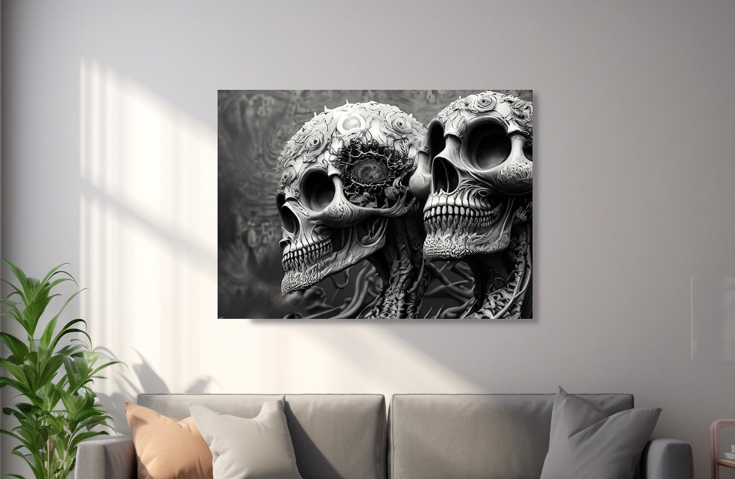 Black and White Skulls Canvas Art Print, Monochrome Macabre Wall Decor ...