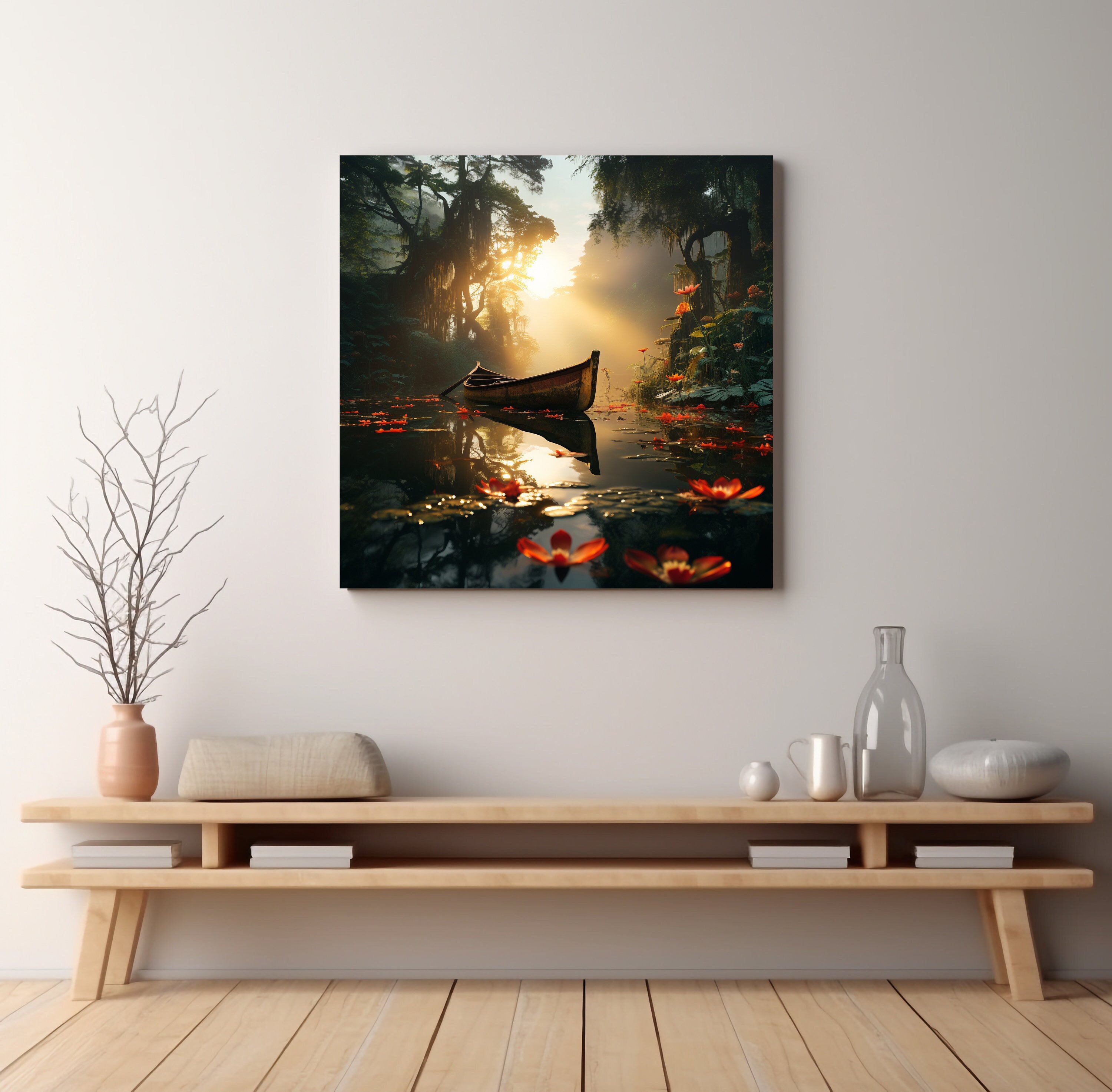 Peaceful Canoe Resting in a Serene Pond Canvas Art Print, Tranquil ...