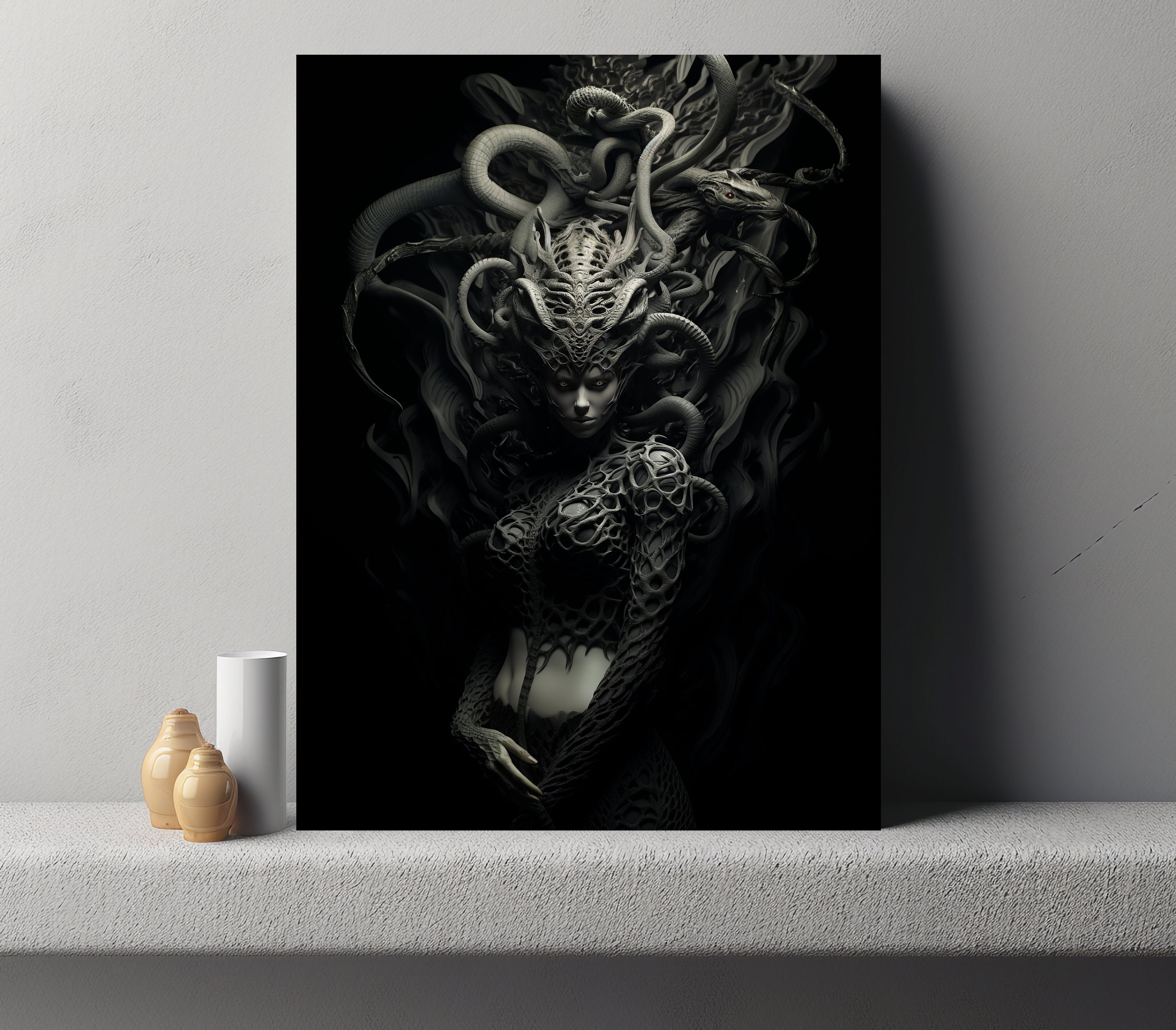 Medusa Dark Enigma Canvas Art Print, Haunting Artwork, Obsidian Gaze ...
