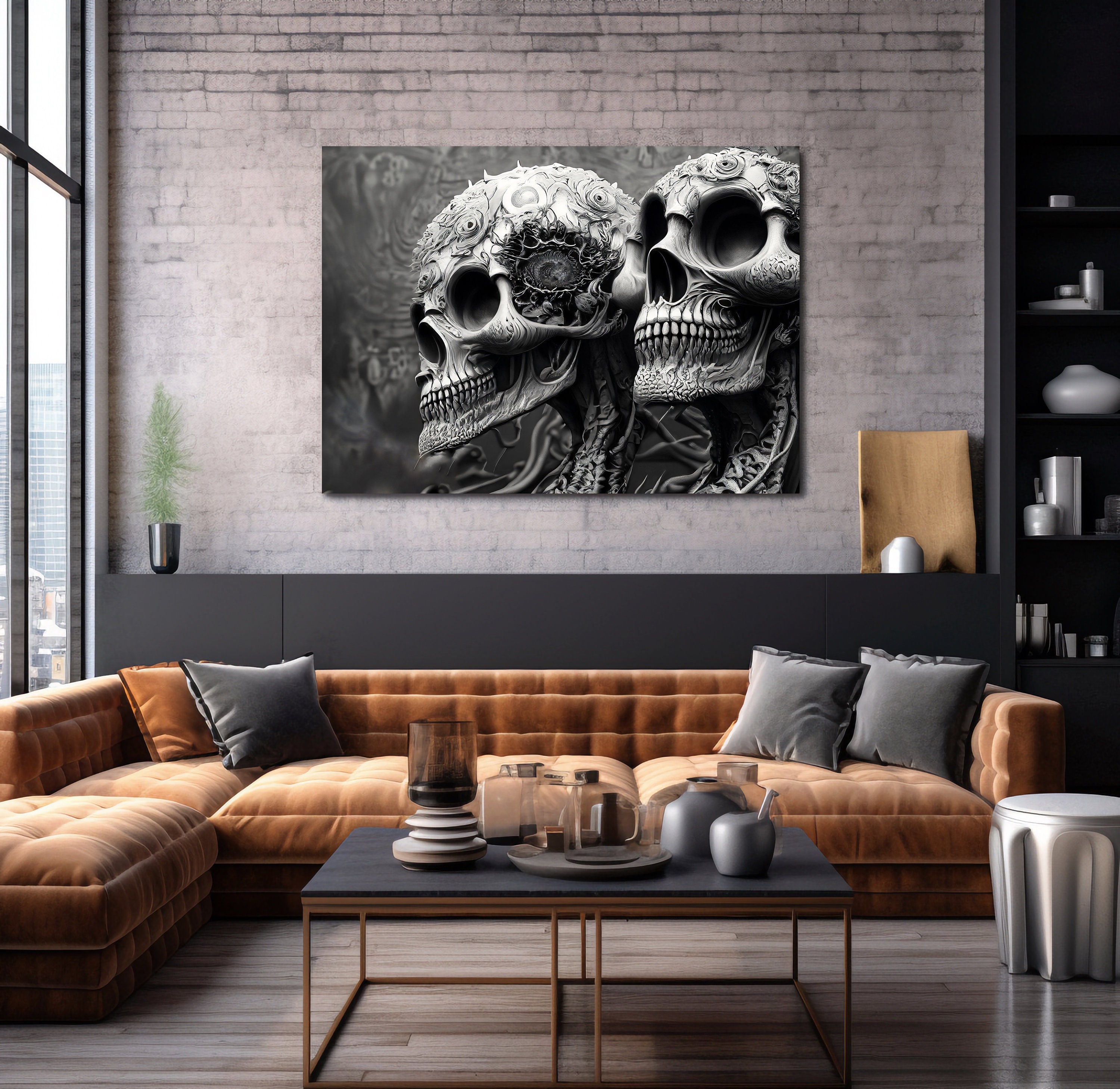 Black and White Skulls Canvas Art Print, Monochrome Macabre Wall Decor ...