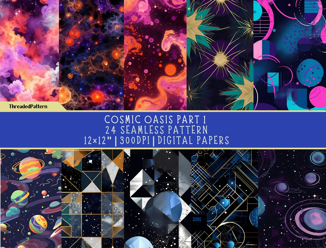 Cosmic Oasis Futuristic Space Digital Paper, Celestial Seamless Pattern ...