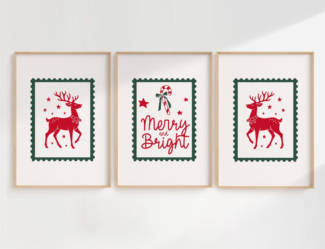 Christmas Reindeer & Merry Bright Set – Minimalist Holiday Wall Art ...