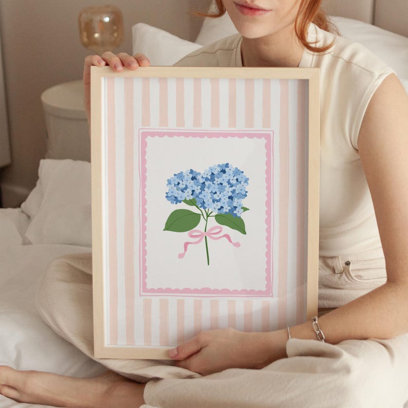 Hydrangea Print – Preppy Dorm Room Wall Art, Coquette Blue Flower ...