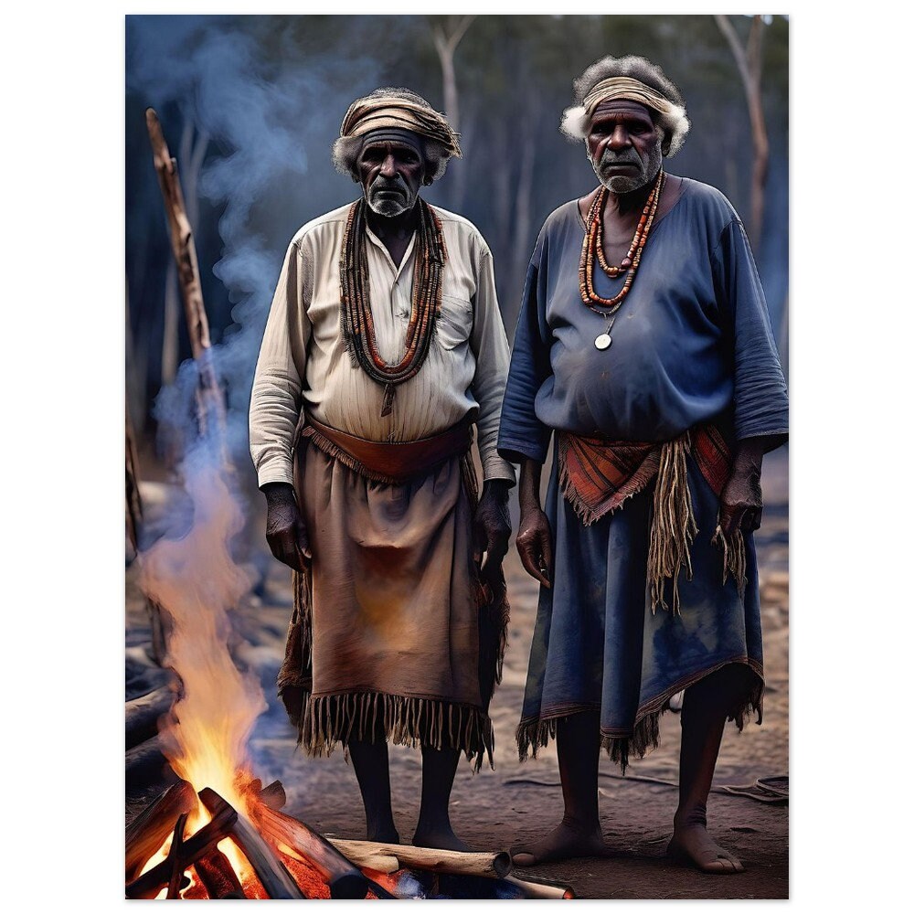 Two Australian Aborigines Stood by the Campfire. Dressed in Old Clothes ...
