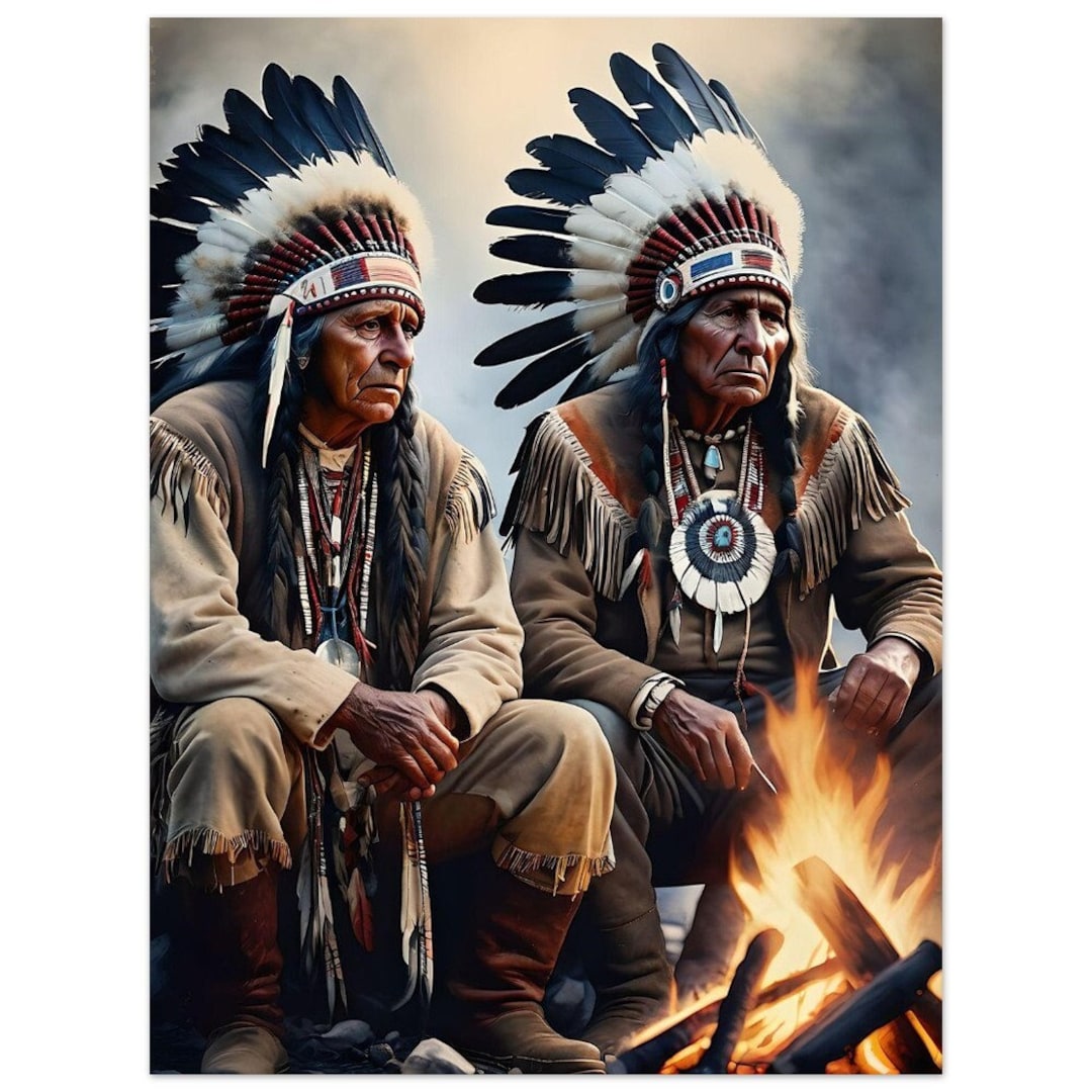 Two Native American Indian Chiefs Sat by the Campfire and Looking ...
