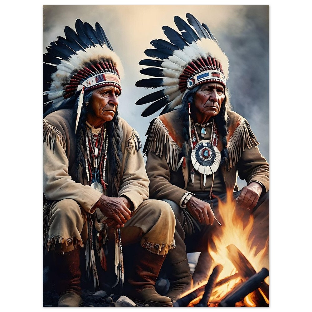Two Native American Indian Chiefs Sat by the Campfire and Looking ...