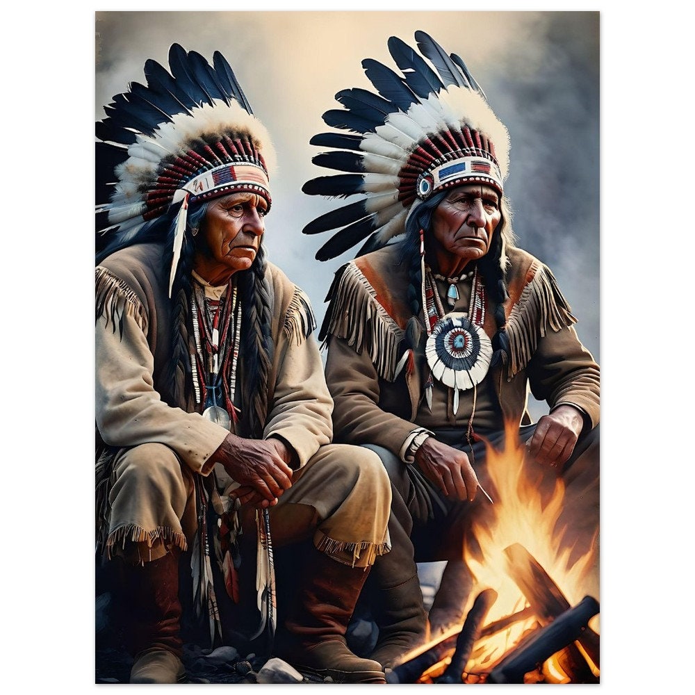 Two Native American Indian Chiefs Sat by the Campfire and Looking ...