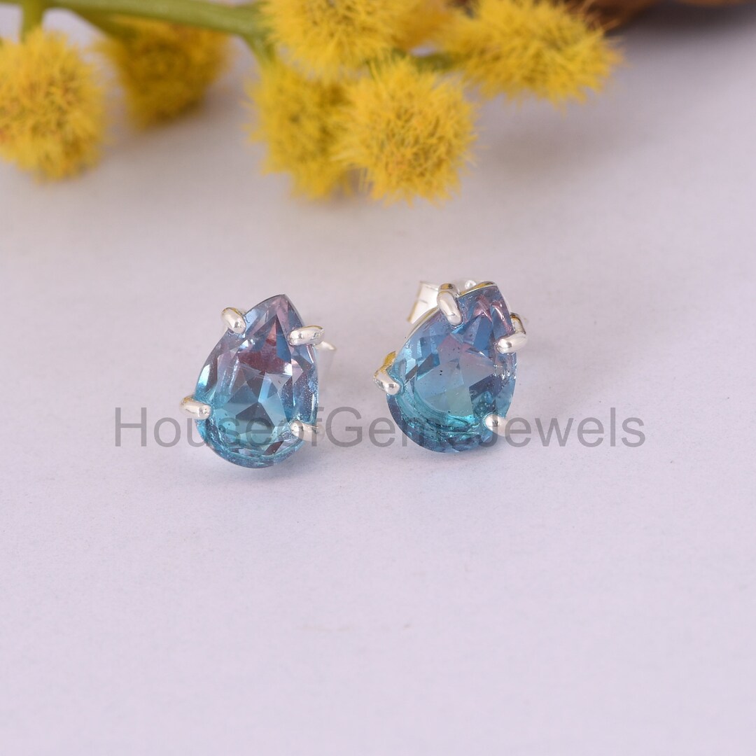 925 Sterling Silver Stud Earrings, Bio Alexandrite Faceted Pear ...