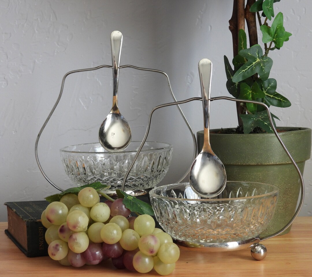 Pair of 6" Jam Relish Condiment Dish Silver Plate Spoons Holder Stand ...