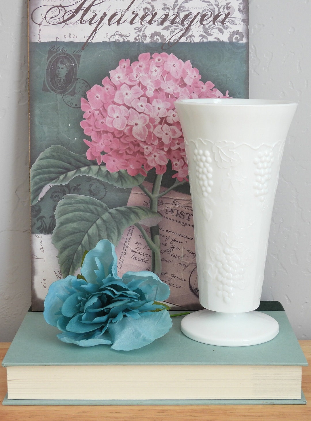 7" Trumpet Milk Glass Flower Vase Harvest by Colony Grapes Leaves Plant ...