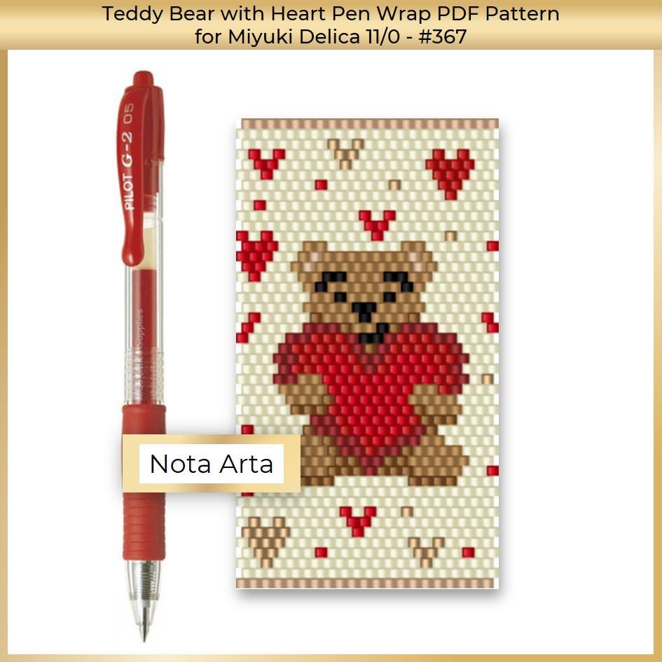 Beaded Teddy Bear With Heart Valentine's Day Peyote Pen Wrap Pilot G2 ...