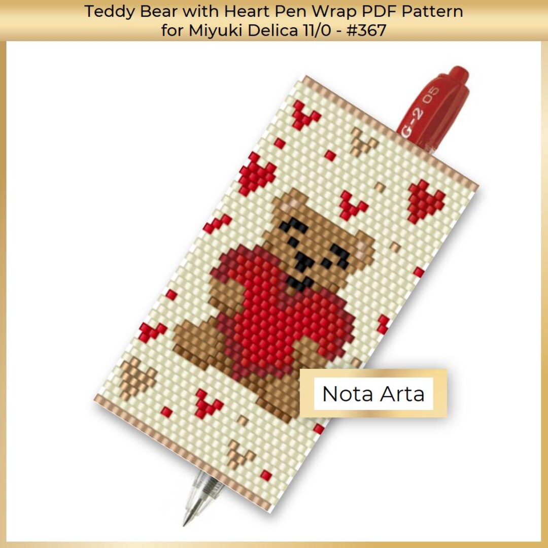 Beaded Teddy Bear With Heart Valentine's Day Peyote Pen Wrap Pilot G2 ...