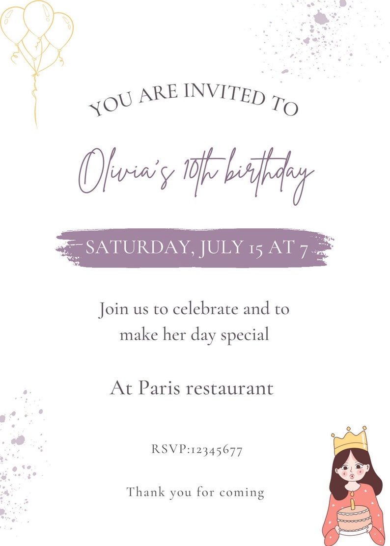 Editable Pink Birthday Invitation.- Birthday Invitation - 5 X 7 ...