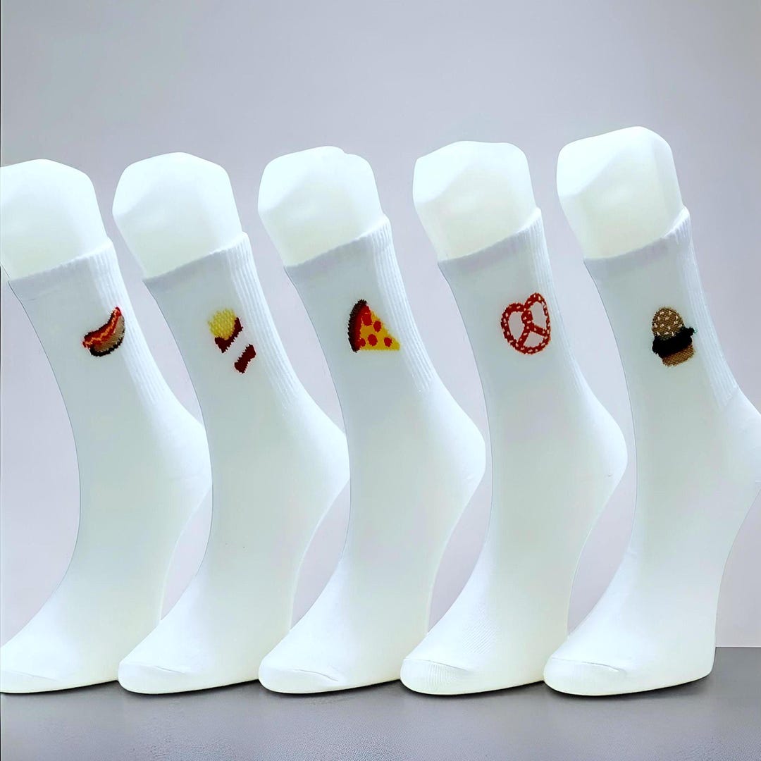 White Crew Socks With Cute Fast Food Icons, Hotdog, Fries, Pizza ...