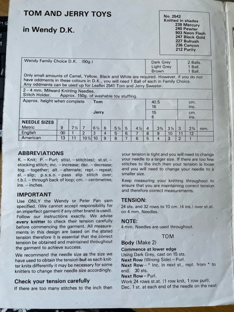 Tom & Jerry Knitting Pattern by Joy Gammon PDF DOWNLOAD ONLY - Etsy