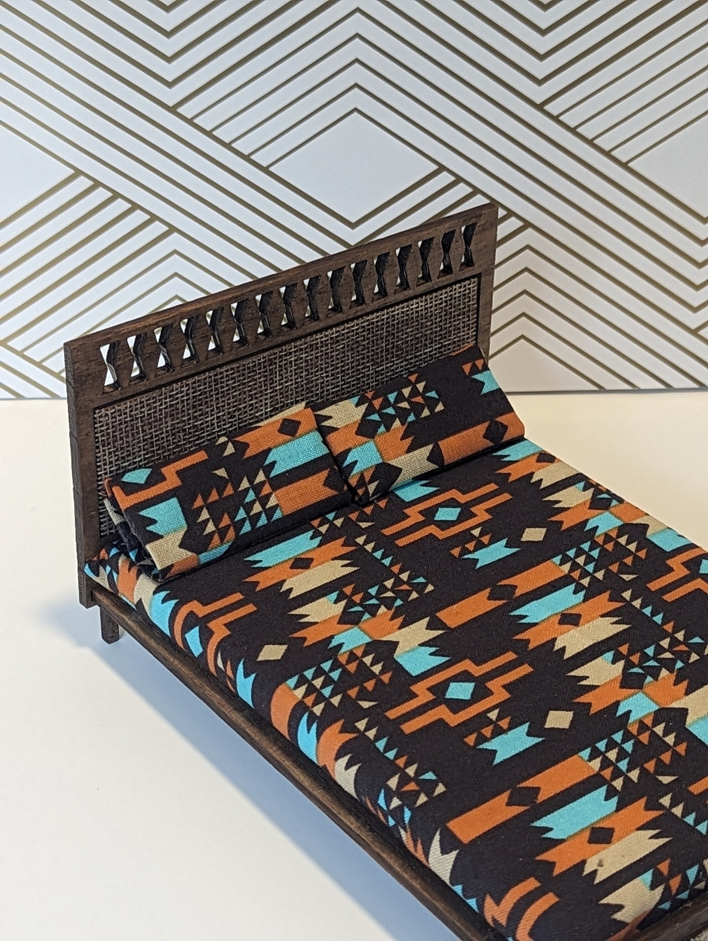 Mid Century Modern Platform Bed Miniature Rattan Headboard and Aztec Comforter - Etsy