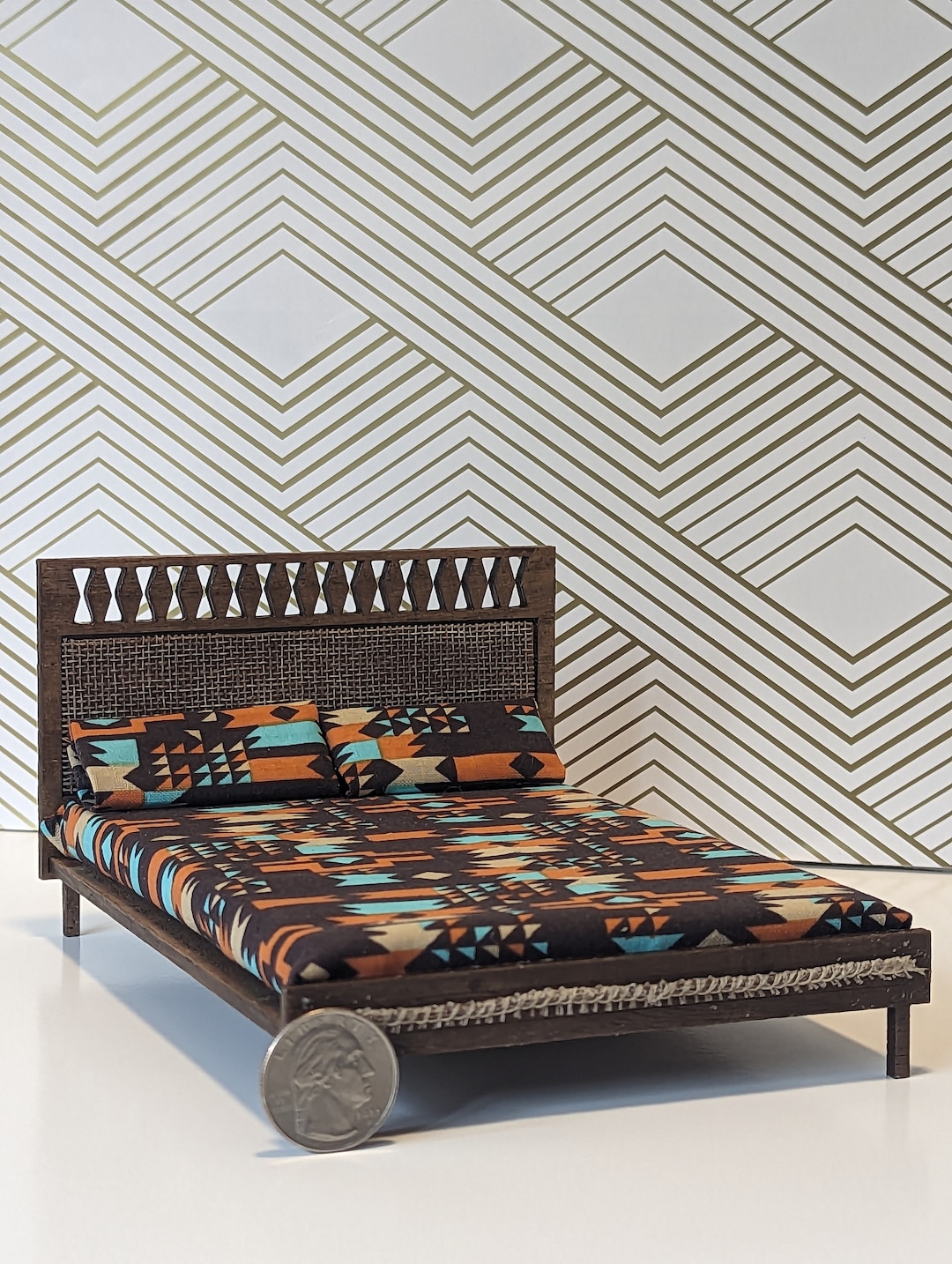 Mid Century Modern Platform Bed Miniature - Rattan Headboard and Aztec Comforter - Etsy