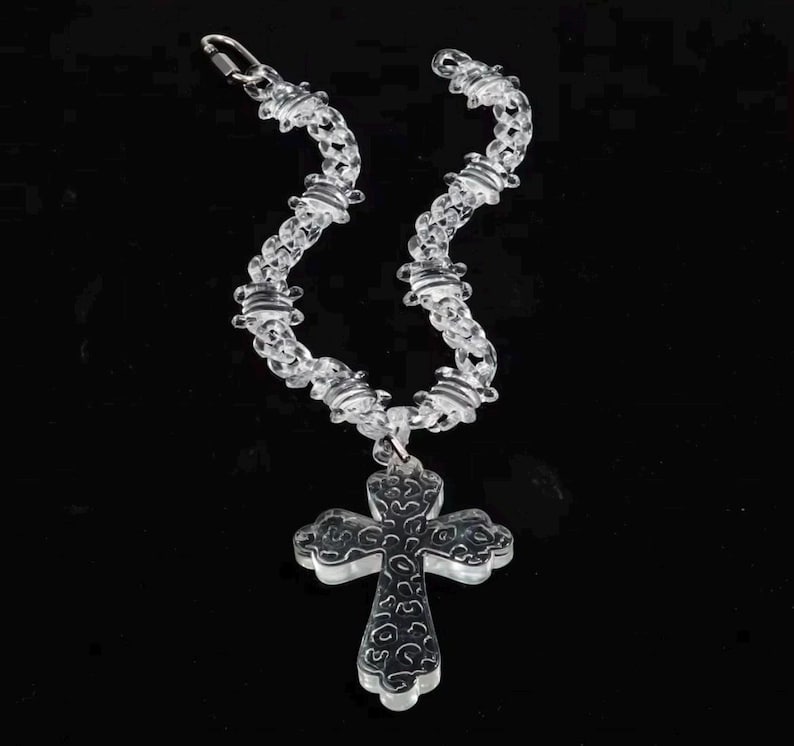 Transparent Acrylic Cuban Link Barbed Wire Necklace With Cross Pendant ...