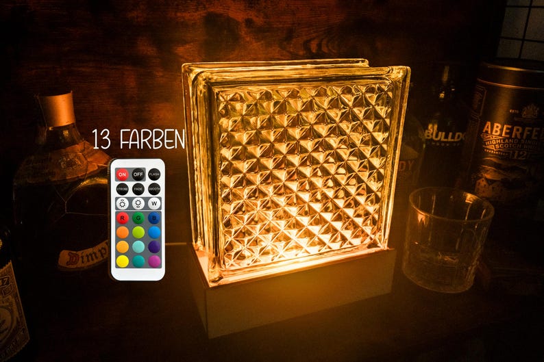 Handmade Glass Block Lamp With Color Changing LED and Wooden Base as ...