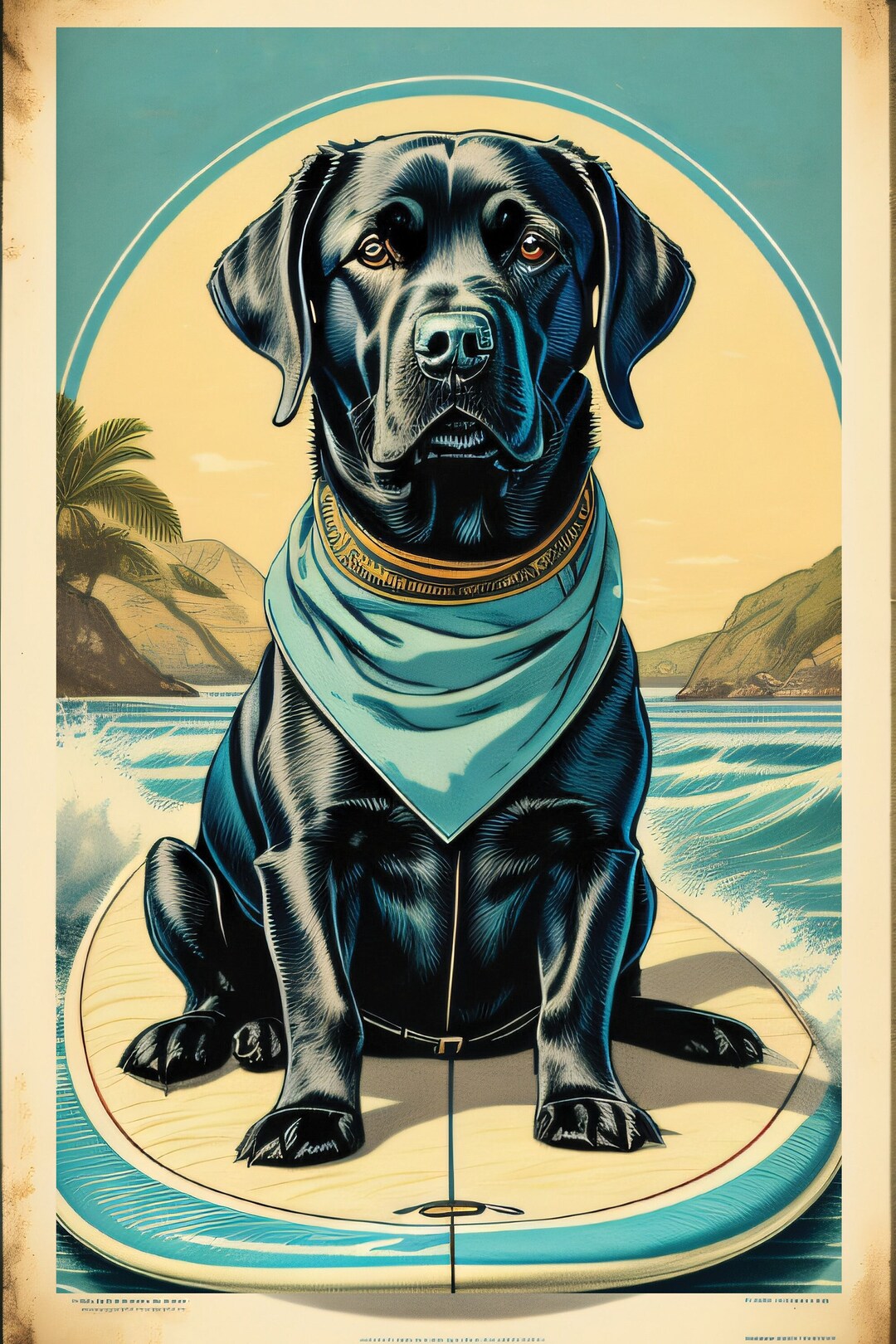 Black Labrador Retriever on Surf Board Dog Artwork Vintage Style Poster ...