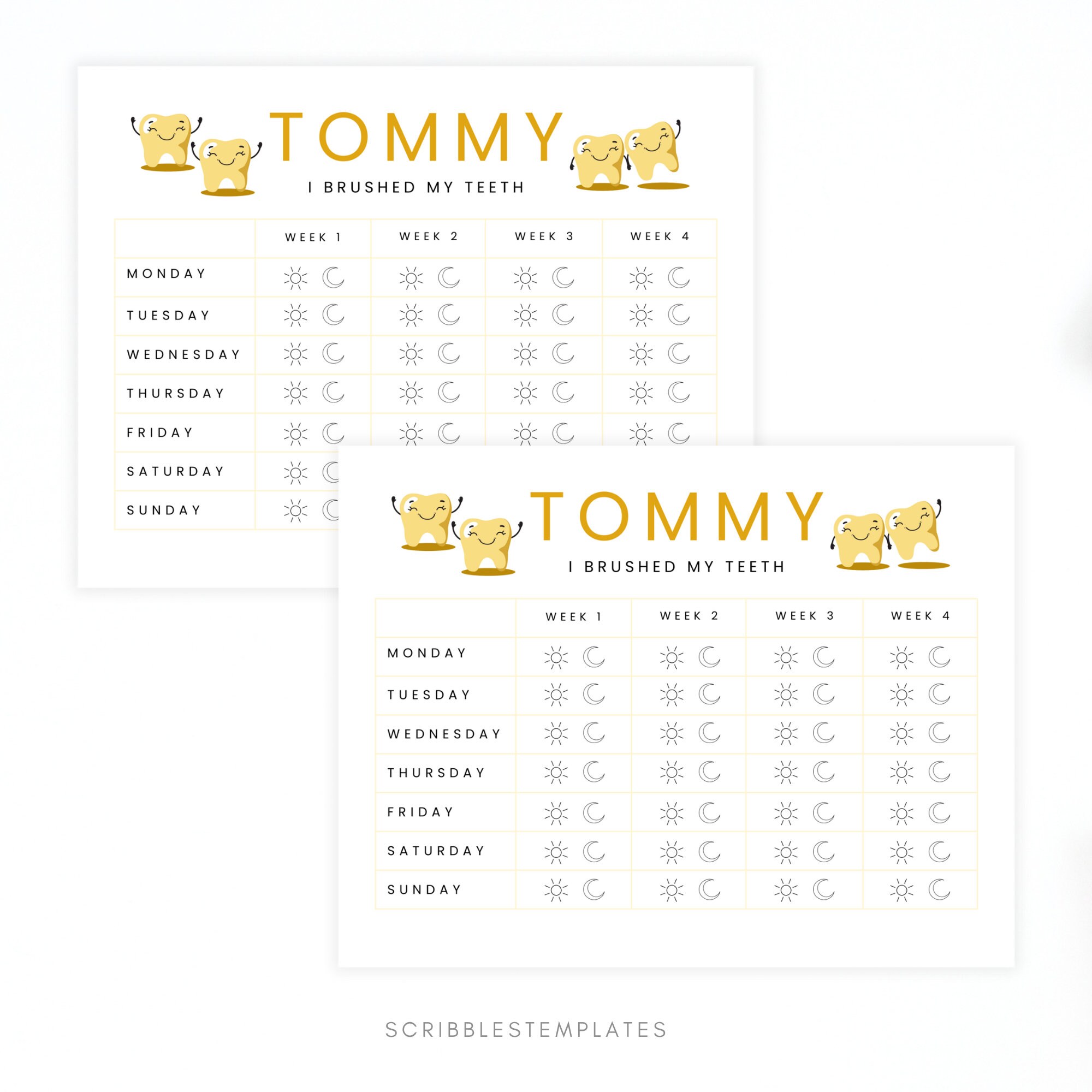 Toothbrush Chart, Teeth-brushing, Morning and Evening Brushing Chart ...