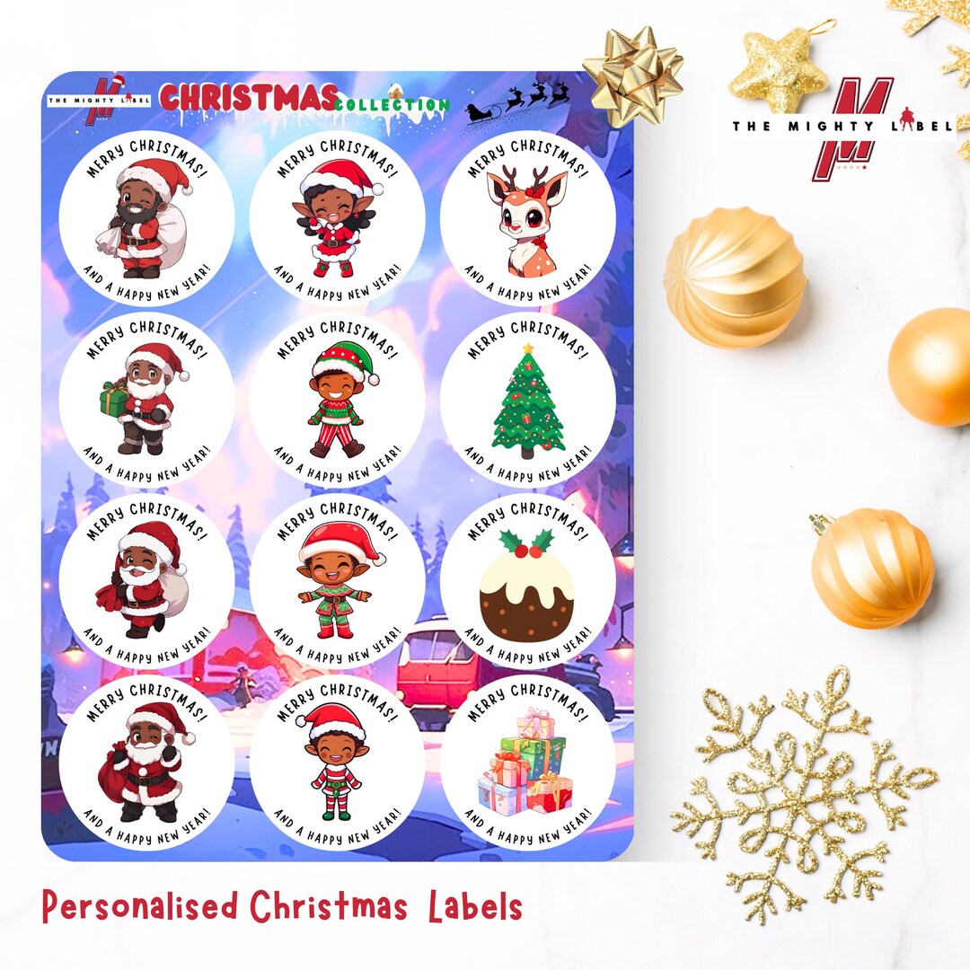 Black Santa Christmas Labels Personalised Custom Sticker Pack - 24 Pack ...