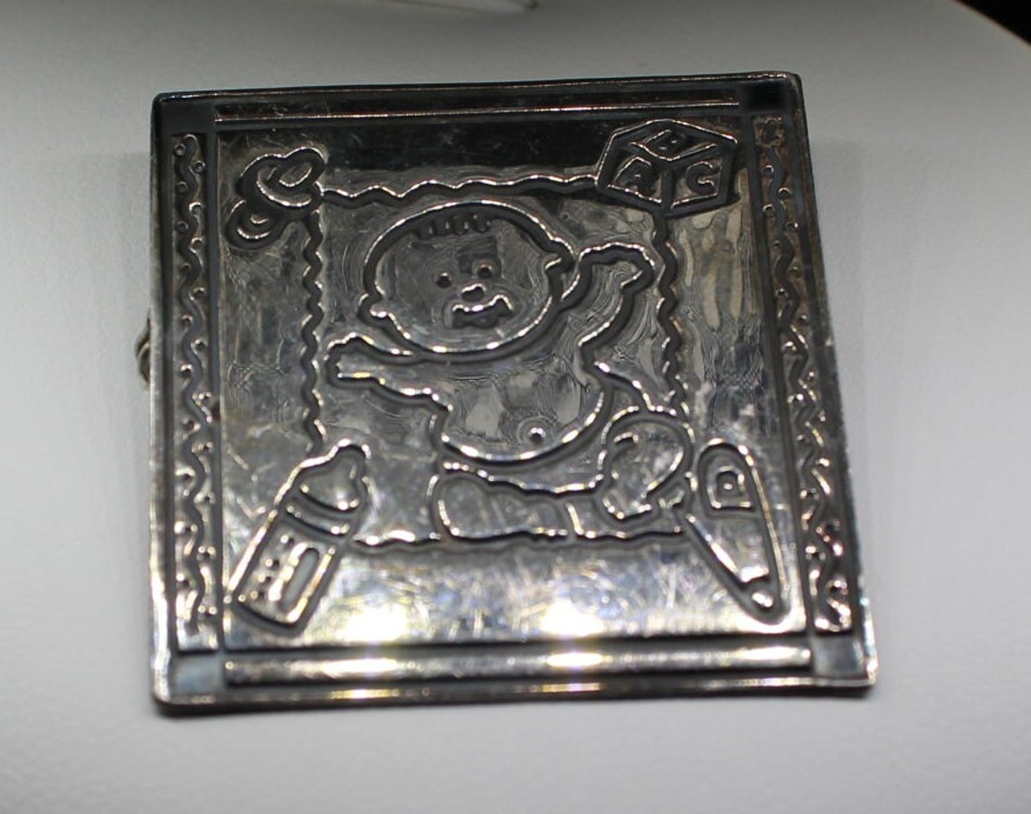 Sterling Silver 1 1/4" Square Baby Pin Has Diaper Pin, Bottle, Alphabet ...