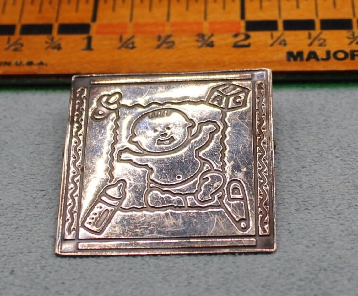 Sterling Silver 1 1/4" Square Baby Pin Has Diaper Pin, Bottle, Alphabet ...