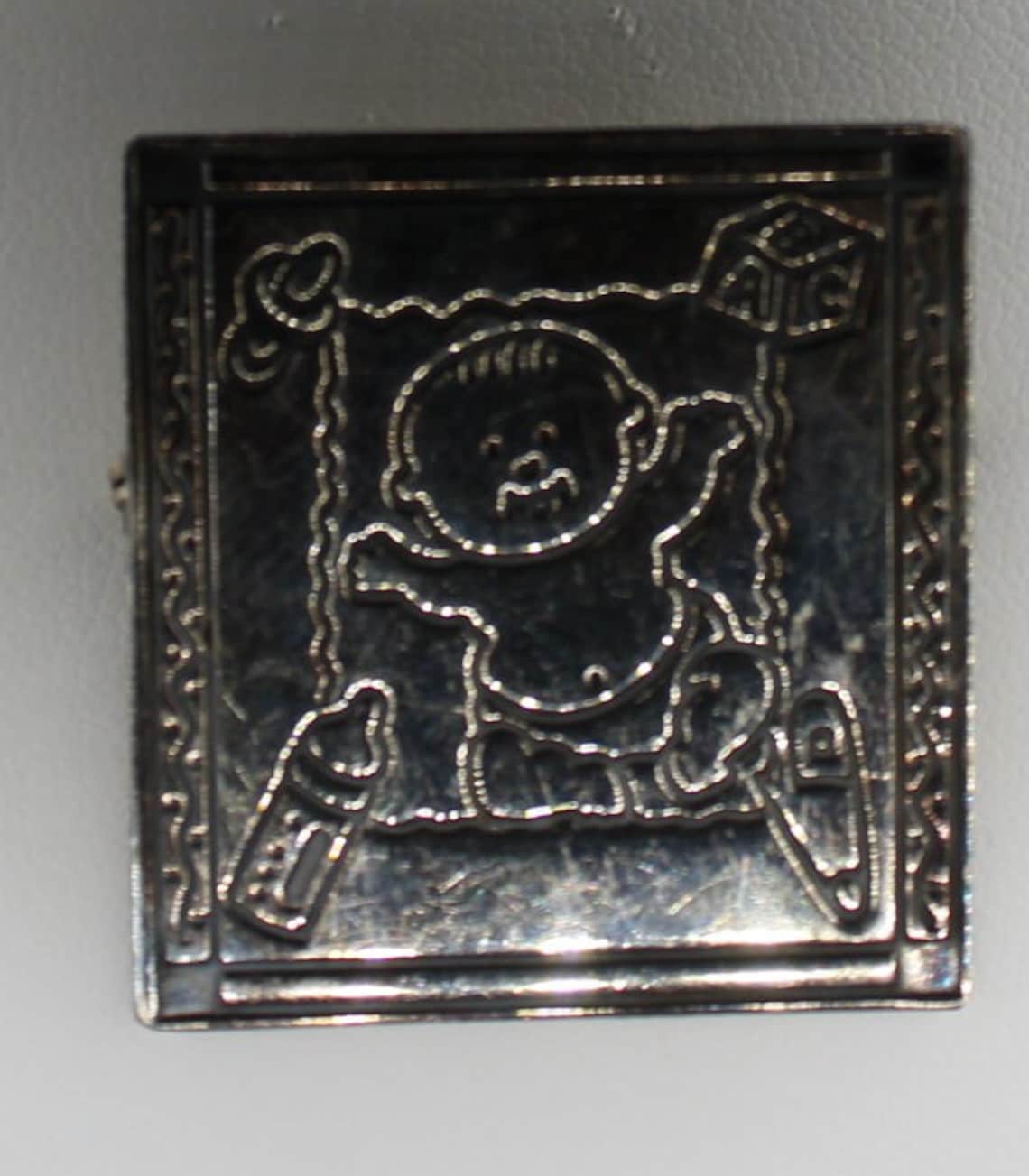 Sterling Silver 1 1/4" Square Baby Pin Has Diaper Pin, Bottle, Alphabet ...