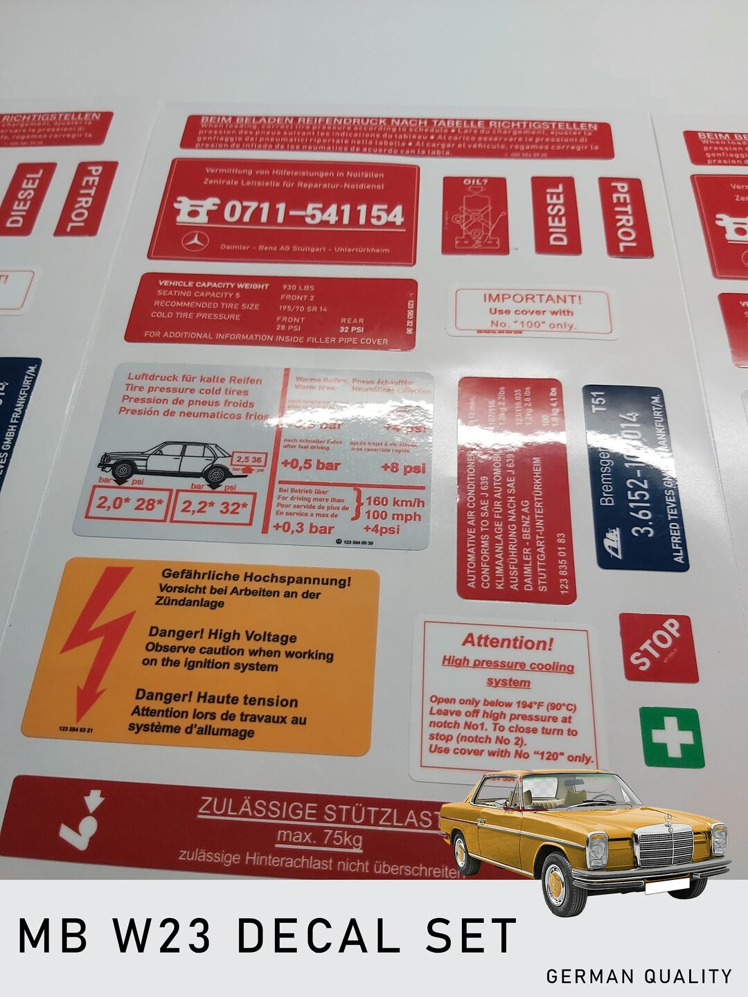 Mercedes Benz W123 200 230 230.4 200d 230d 250d 280 DECAL STICKER SET ...