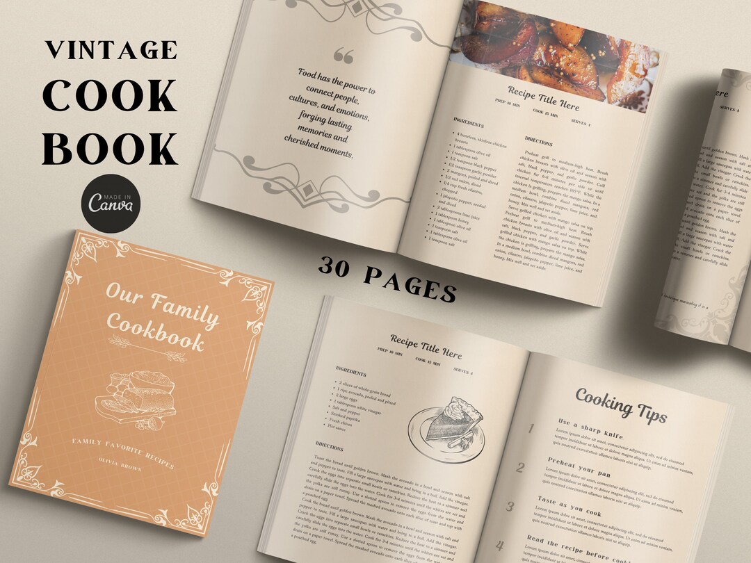 Vintage Recipe Book Template for Canva, Editable Cookbook Template ...