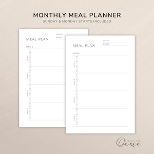 Monthly Meal Planner Printable Minimalist, 30 day Menu Planner, Monthly ...
