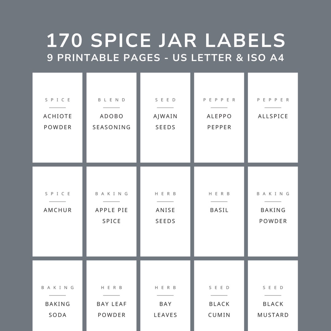 170 Spice Jar Labels Printable PDF, Modern Minimalist Spice Jar Label ...