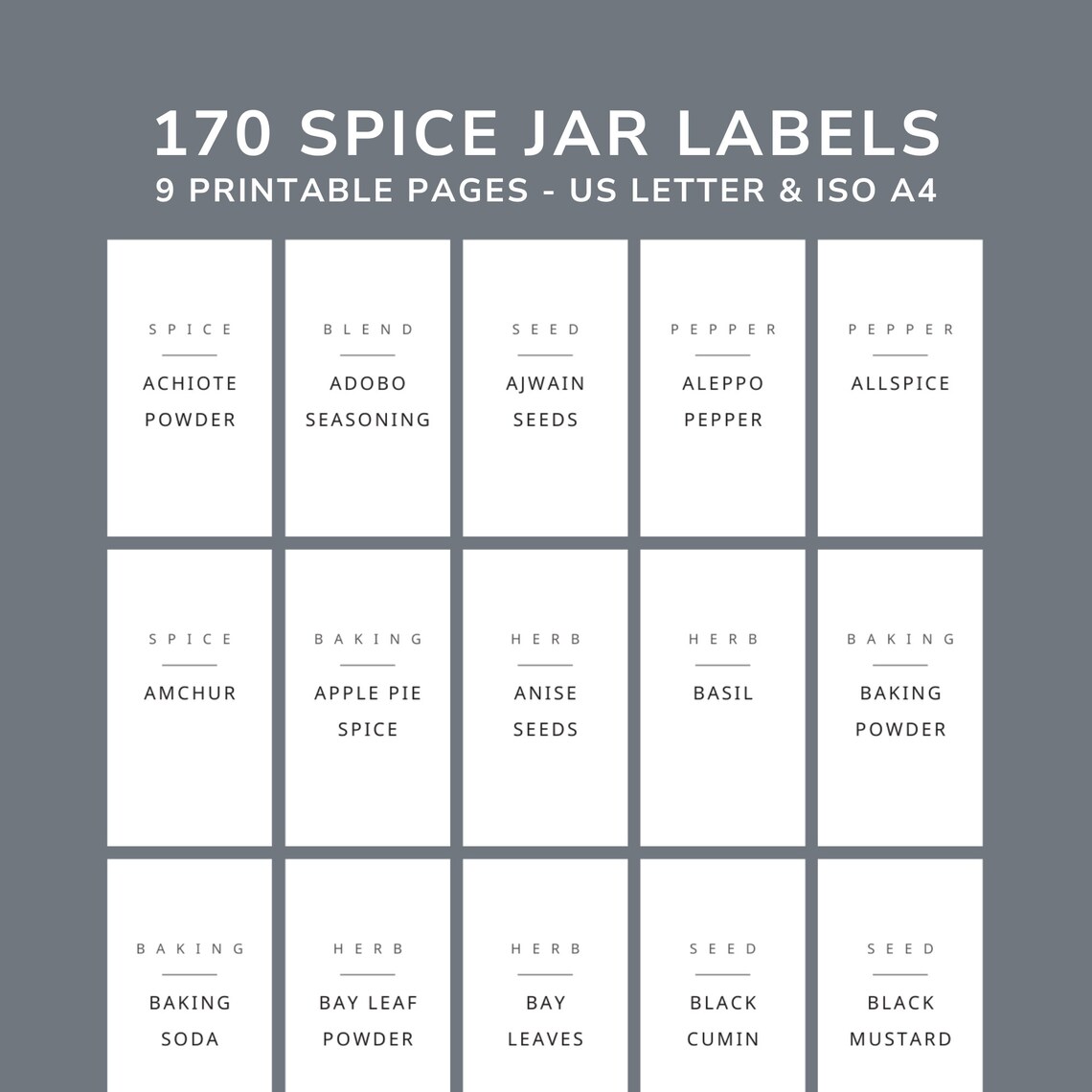 170 Spice Jar Labels Printable PDF, Modern Minimalist Spice Jar Label ...