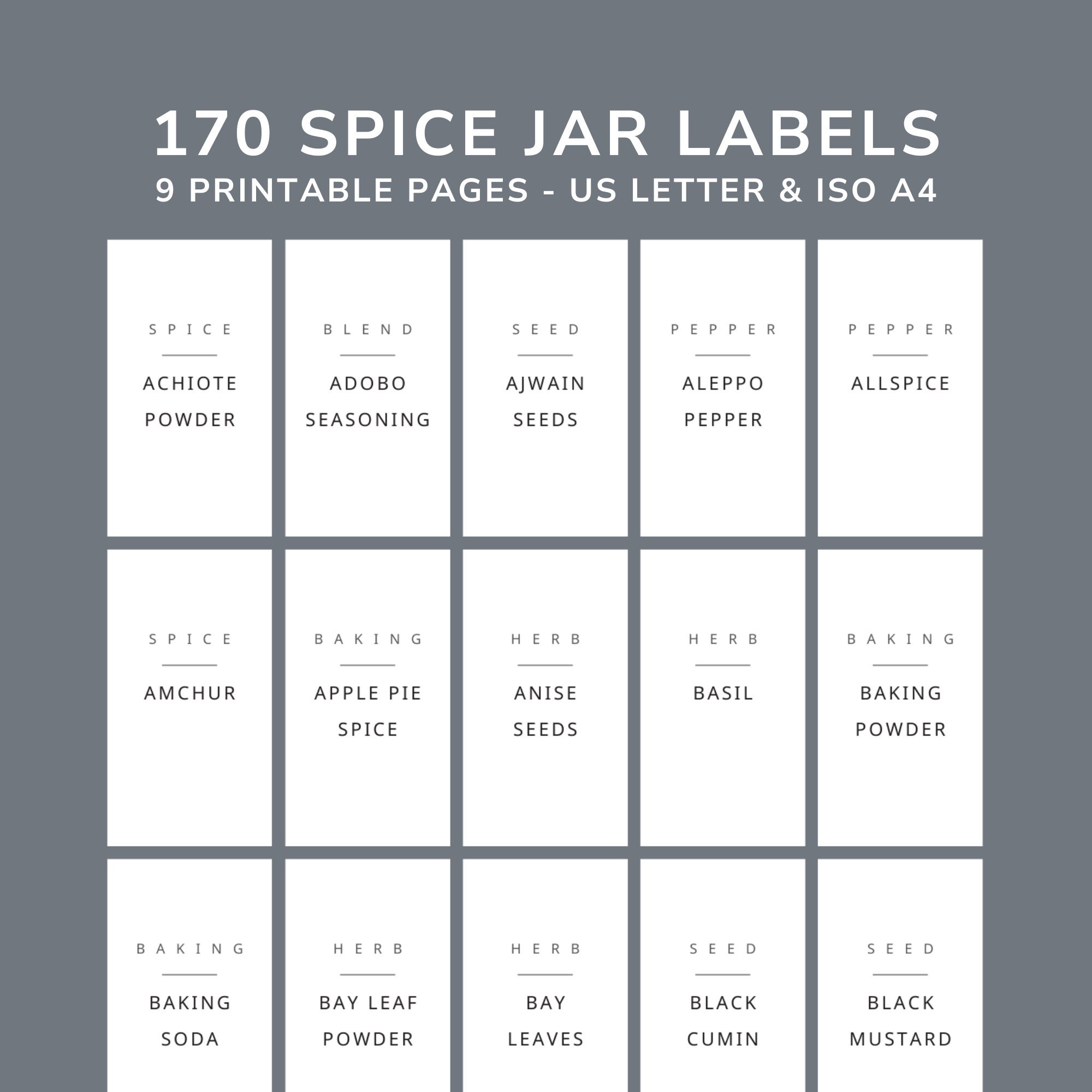 170 Spice Jar Labels Printable PDF, Modern Minimalist Spice Jar Label ...
