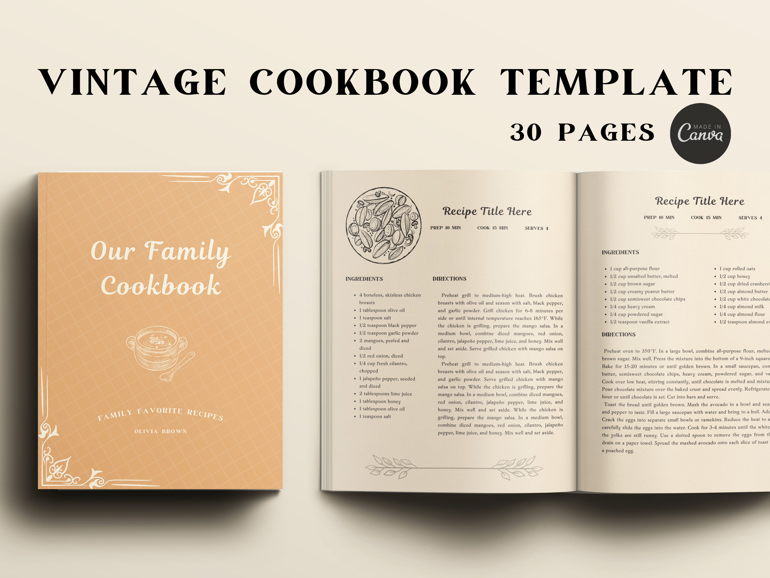 Vintage Recipe Book Template for Canva, Editable Cookbook Template ...
