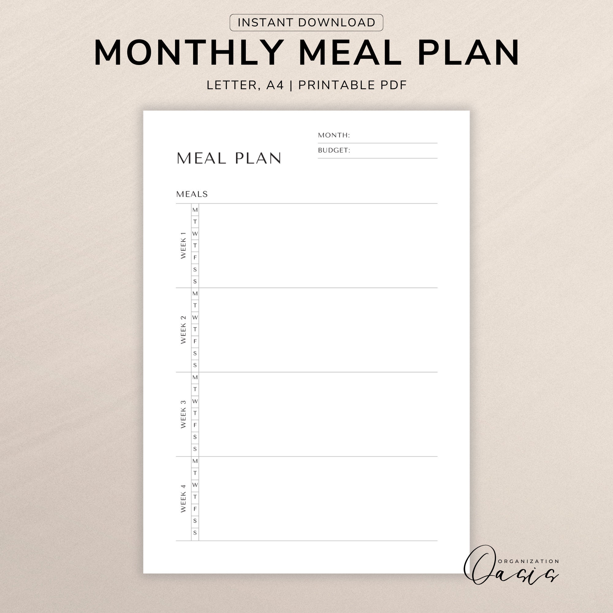 Monthly Meal Planner Printable Minimalist, 30 day Menu Planner, Monthly ...
