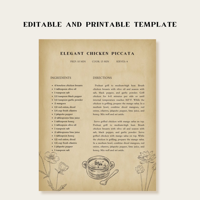 Modèle de page de recette rétro, modèle de feuille de recette vintage ...