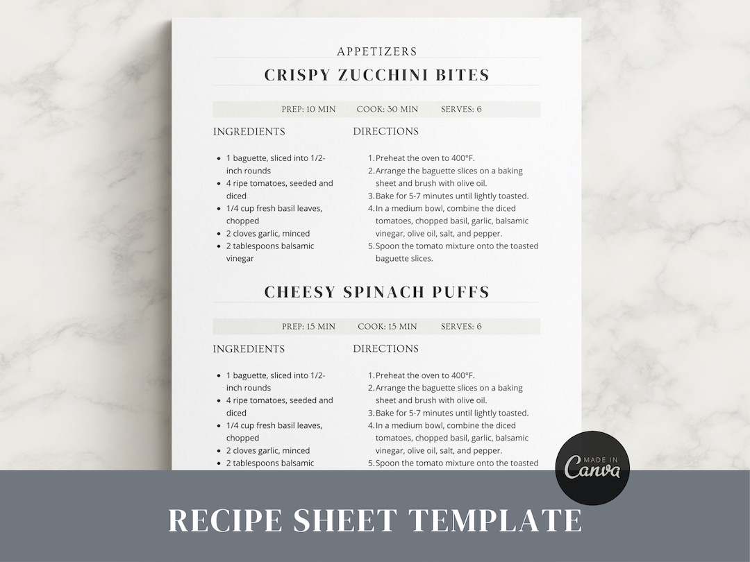 2 Recipes Page Template for Short Recipes, Editable Recipe Canva ...