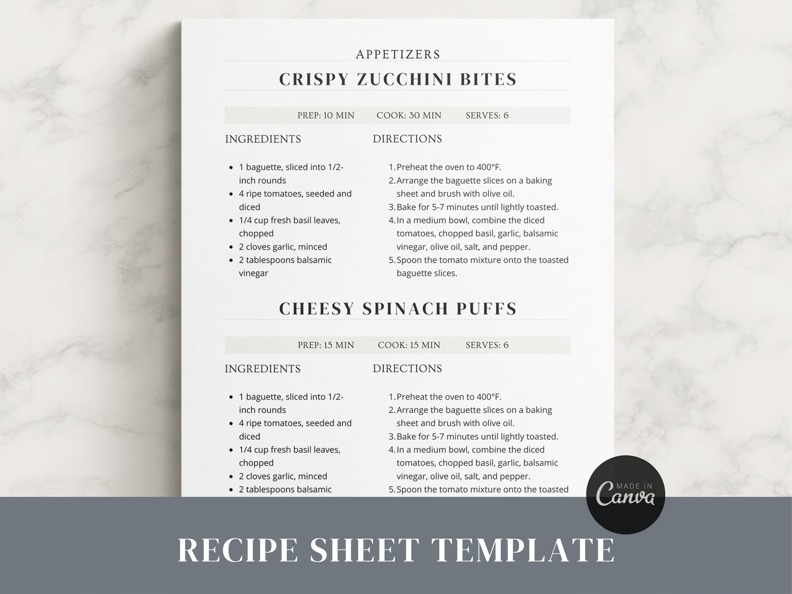 2 Recipes Page Template for Short Recipes, Editable Recipe Canva ...