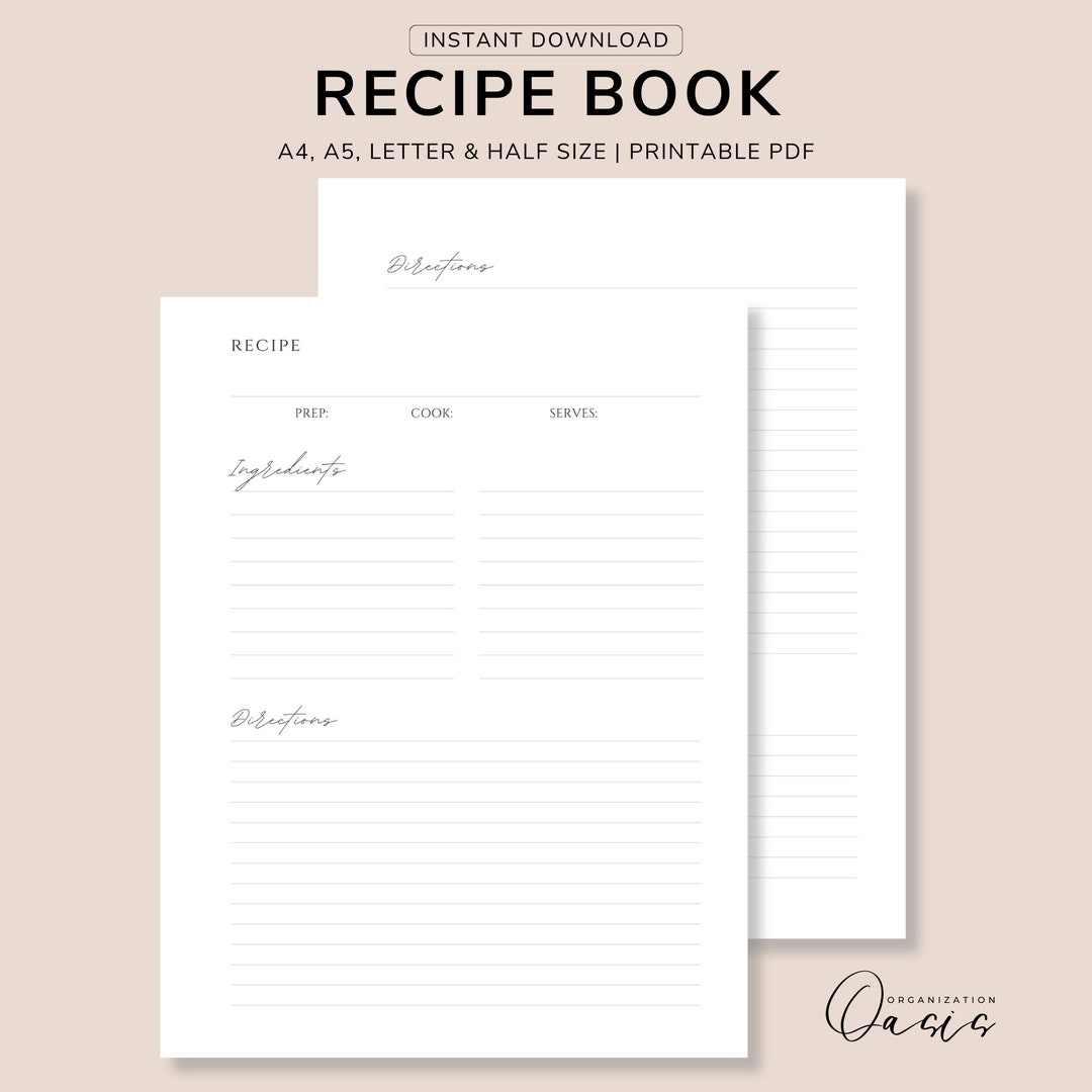 Recipe Book Template Printable, Blank Recipe Page, Cook Book Journal ...