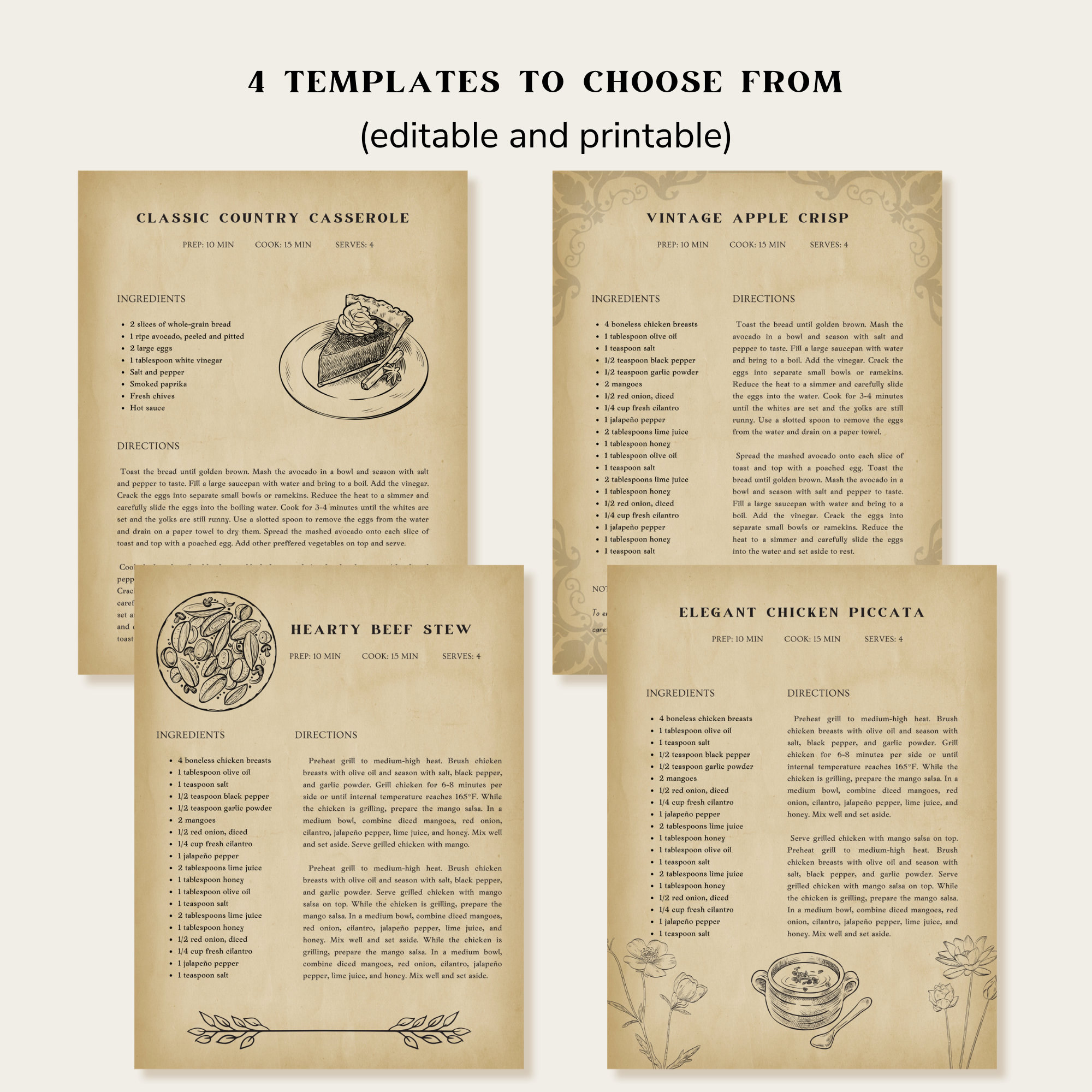 Vintage Recipe Template Bundle for Canva, Printable Retro Recipe Book ...
