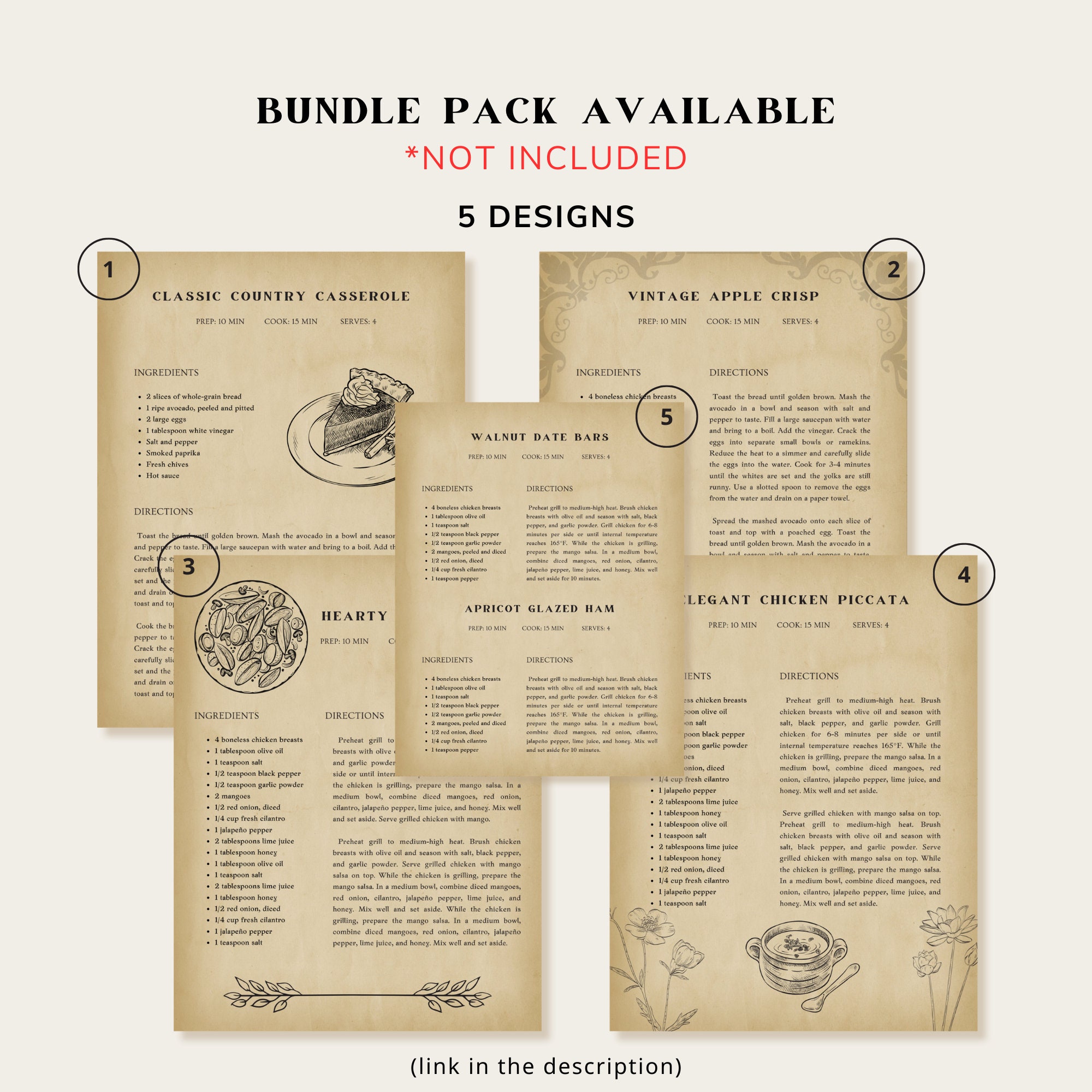 2 Recipes Page Template for Short Recipes, Retro Recipe Template ...