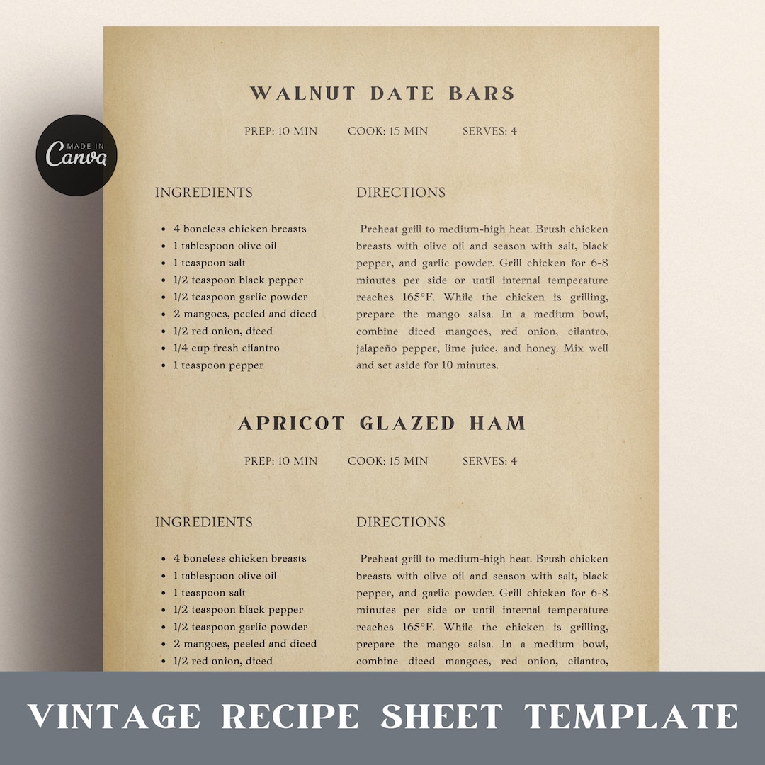 2 Recipes Page Template for Short Recipes, Retro Recipe Template ...