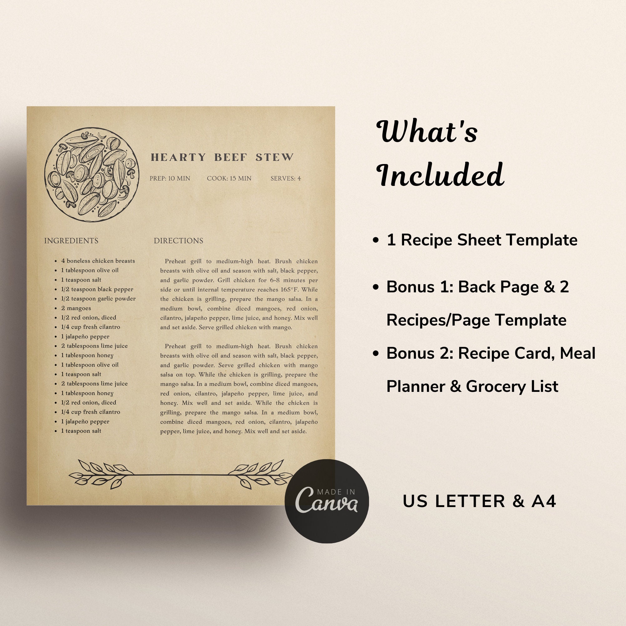 Vintage Recipe Sheet Template for Canva, Editable Retro Recipe Template ...