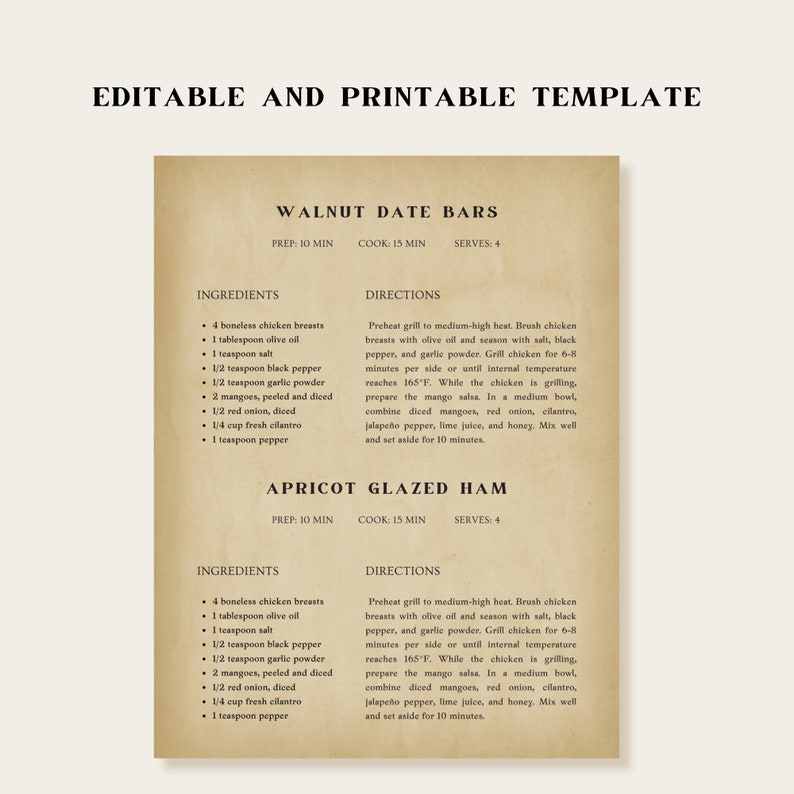 2 Recipes Page Template for Short Recipes, Retro Recipe Template ...