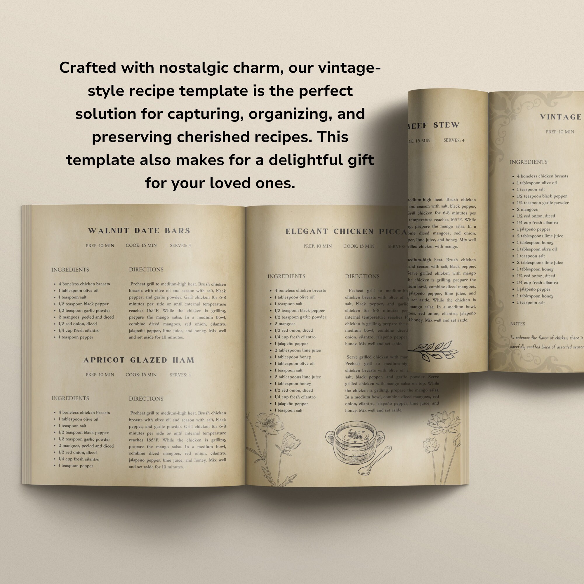 2 Recipes Page Template for Short Recipes, Retro Recipe Template ...